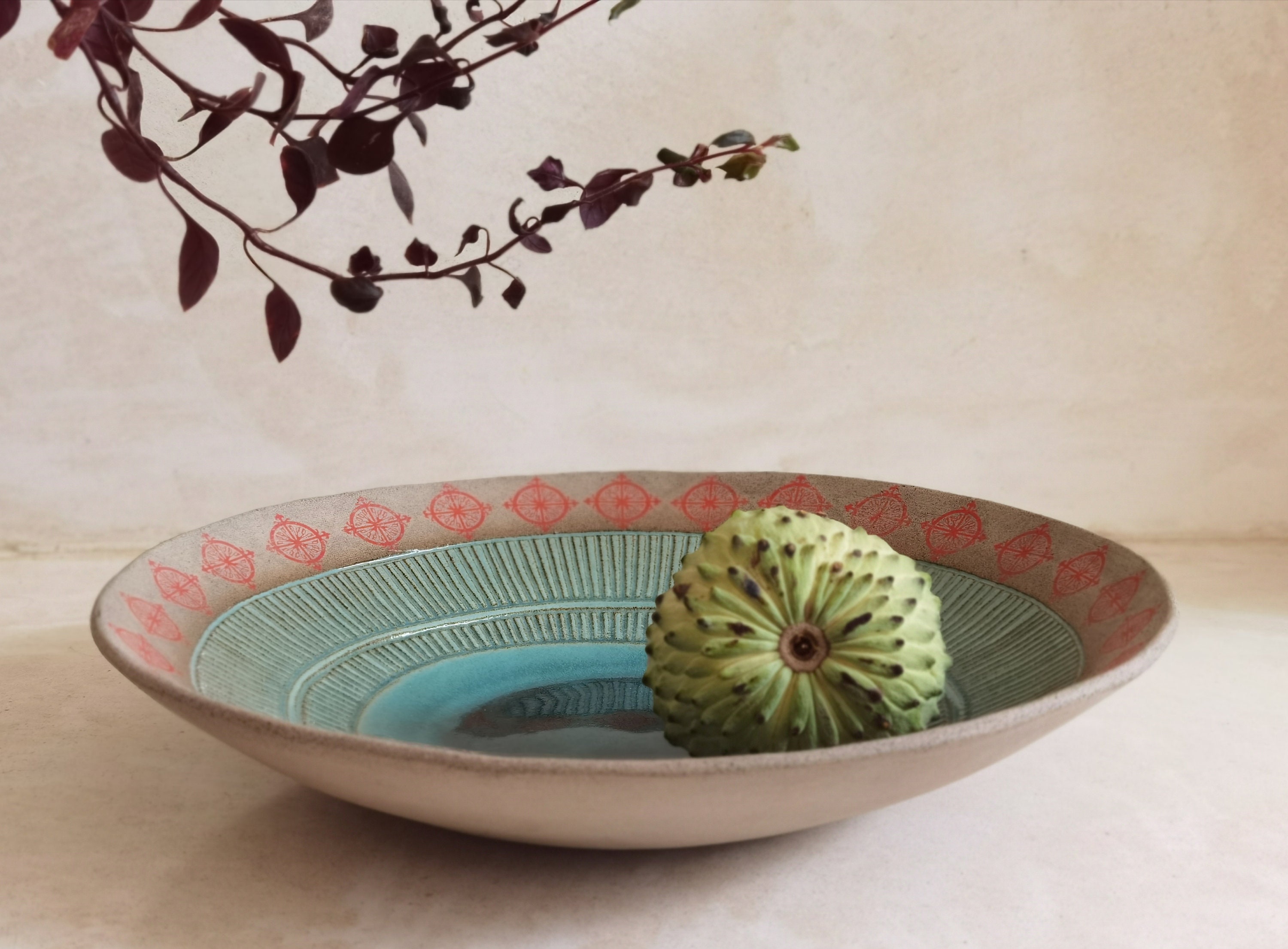 Large Wide Ceramic Bowl Large Flat Bowl Red Hand-painted | Etsy