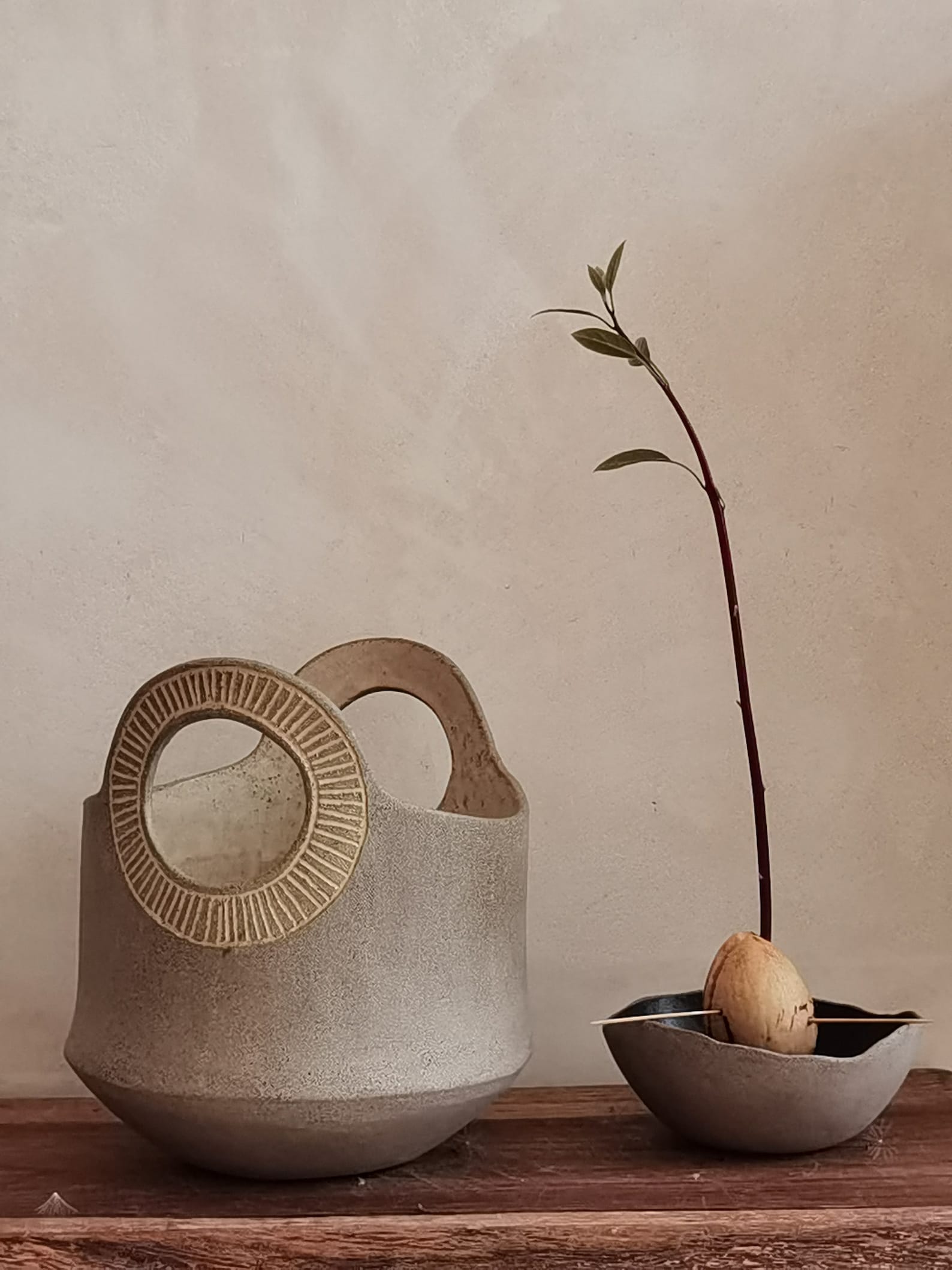 Handmade Ceramic Flower Vase: Light Brown Pottery With Engraved Handles ...