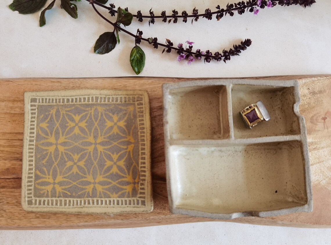 Square Ceramic Box Decorated With Yellow Print and Beige | Etsy