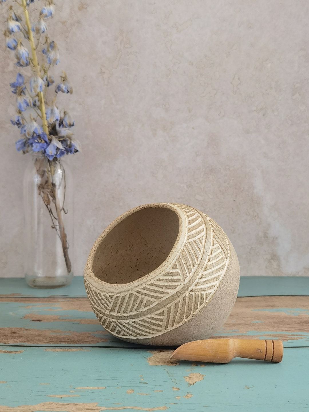 Pottery Salt Cellar & Wood Spoon, Ceramic Salt Keeper, Stoneware Salt ...