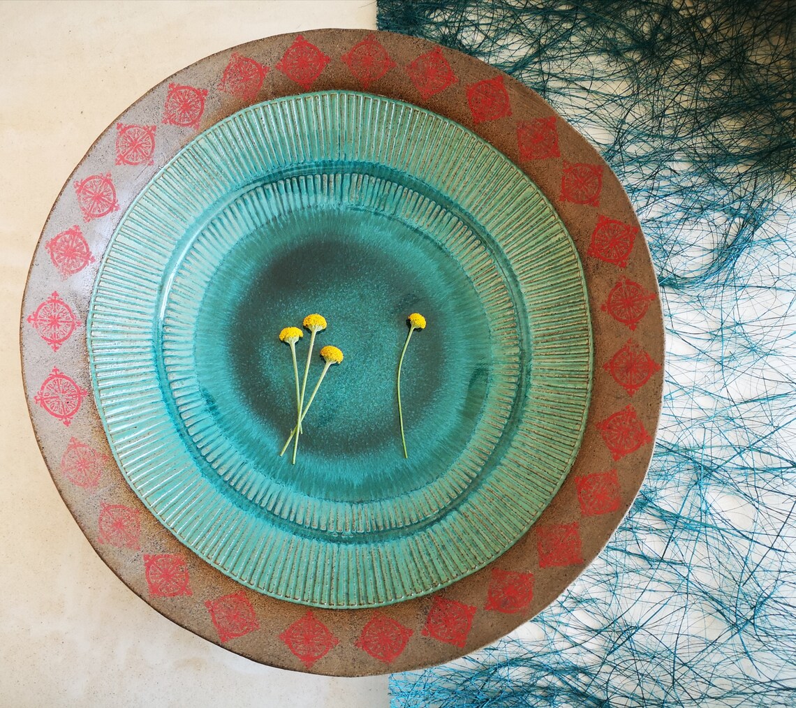 Large Wide Ceramic Bowl Large Flat Bowl Red Hand-painted | Etsy