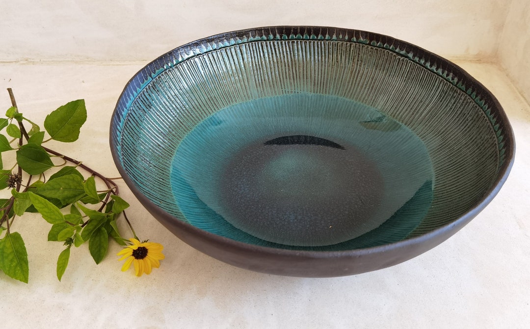 Large Ceramic Serving Bowl: Turquoise Glaze, Hand-painted Engraved ...