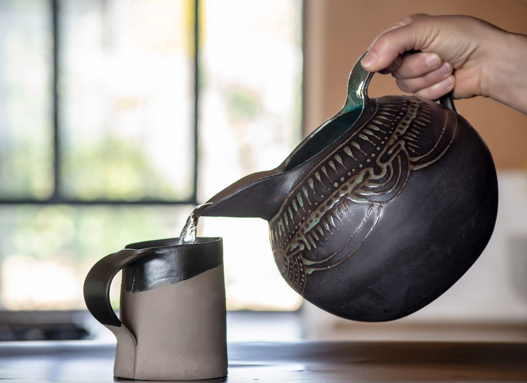 Black Ceramic Pitcher With Hand Engraved Decoration Glazed With ...