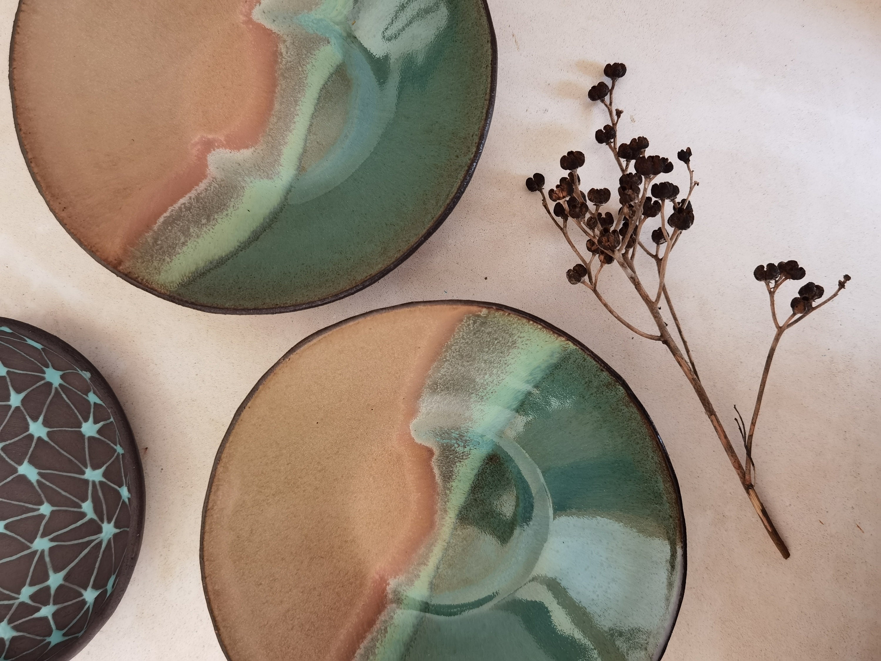 Set of 2 Beige and Turquoise Ceramic bowls Pottery Cereal | Etsy