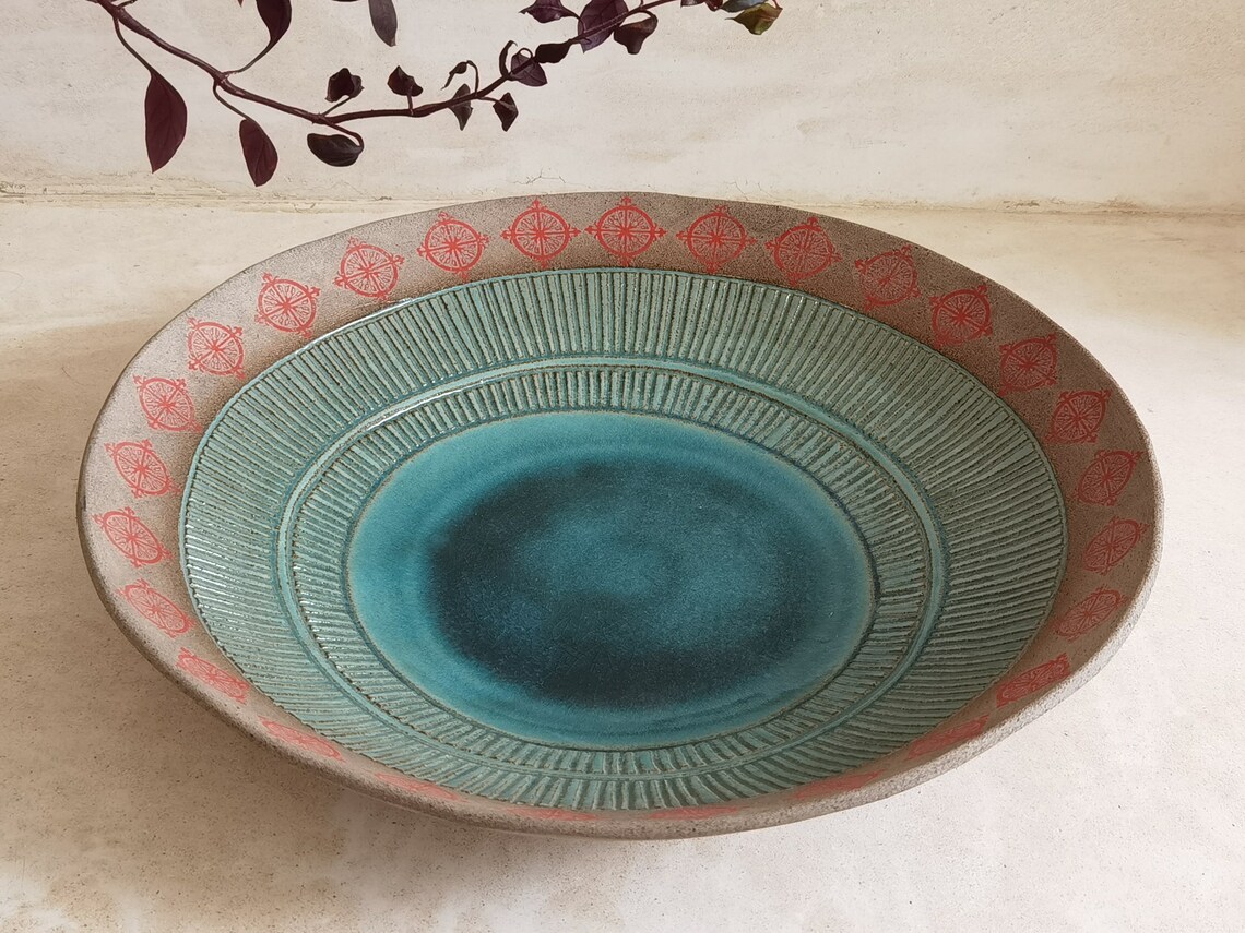 Large Wide Ceramic Bowl Large Flat Bowl Red Hand-painted | Etsy