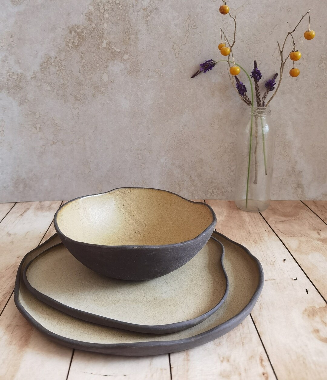 Ceramic Serving Dish Set, Modern Ceramic Dinnerware Set, Black and ...