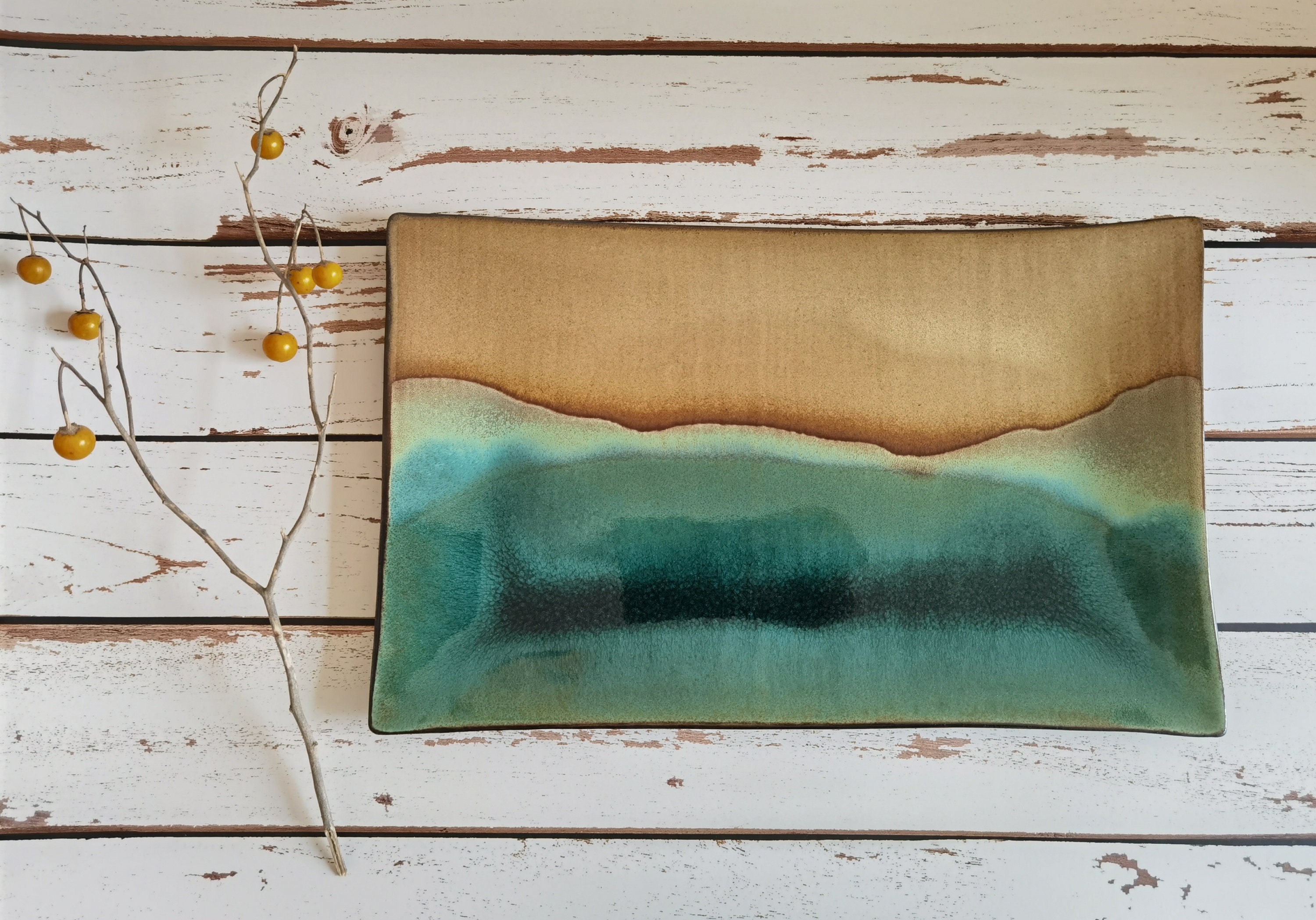 Handmade Rectangular Ceramic Serving Tray: Beige & Turquoise Pottery ...