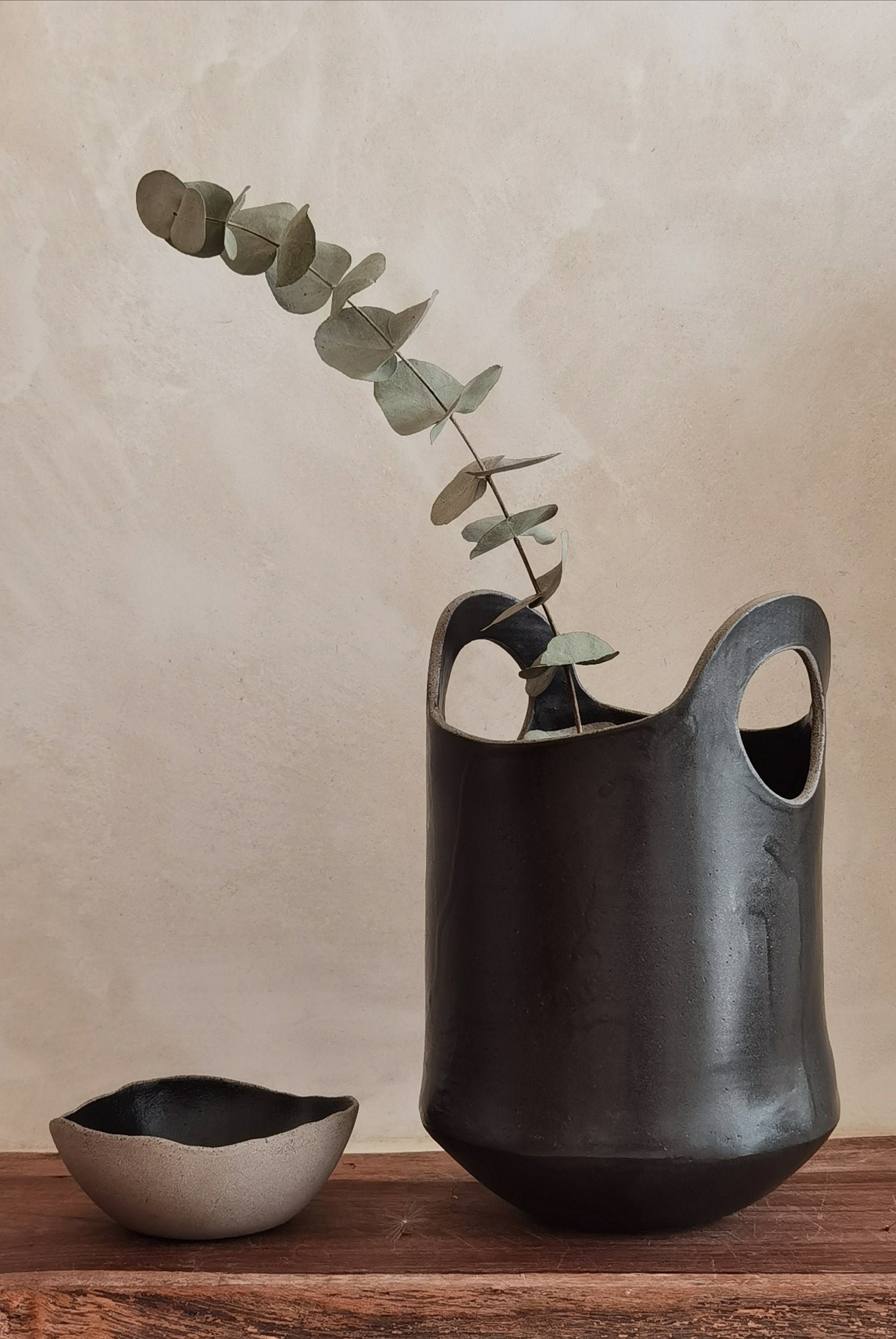 Large Black Ceramic Vase Tall Pottery Vase With Handles - Etsy