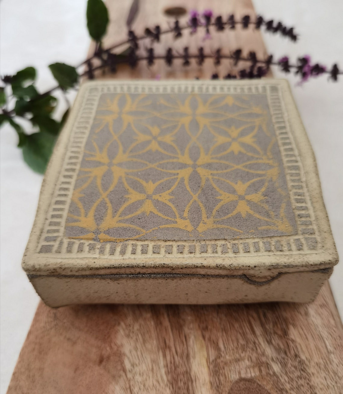 Square Ceramic Box Decorated With Yellow Print and Beige | Etsy
