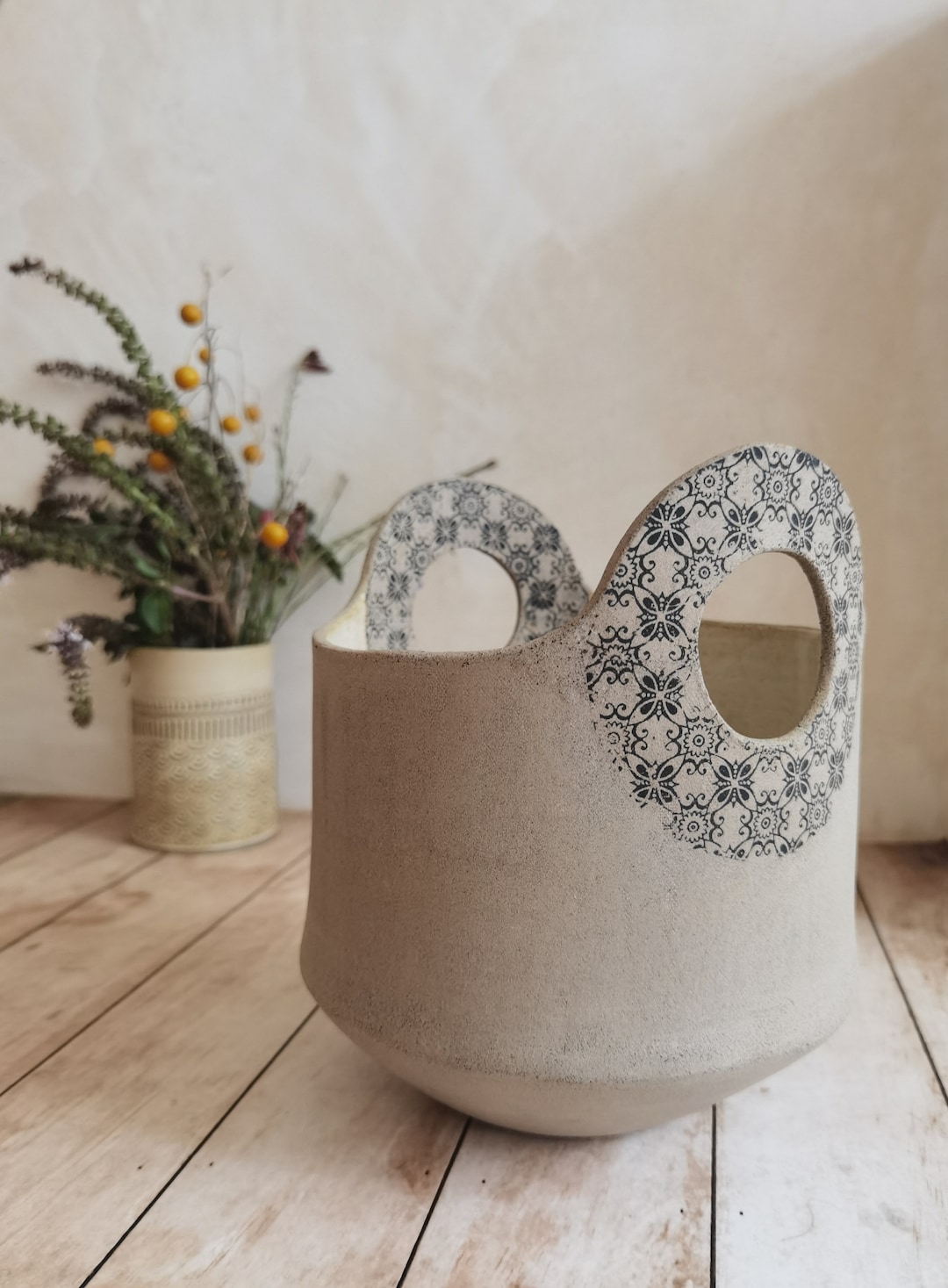 Ceramic Flower Vase, With Handmade Print Decoration, Pottery Vase With ...