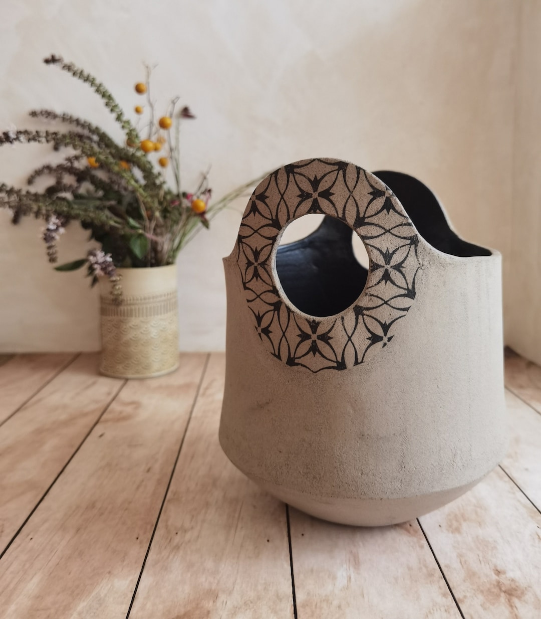 Ceramic Flower Vase, With Handmade Print Decoration, Pottery Vase With ...