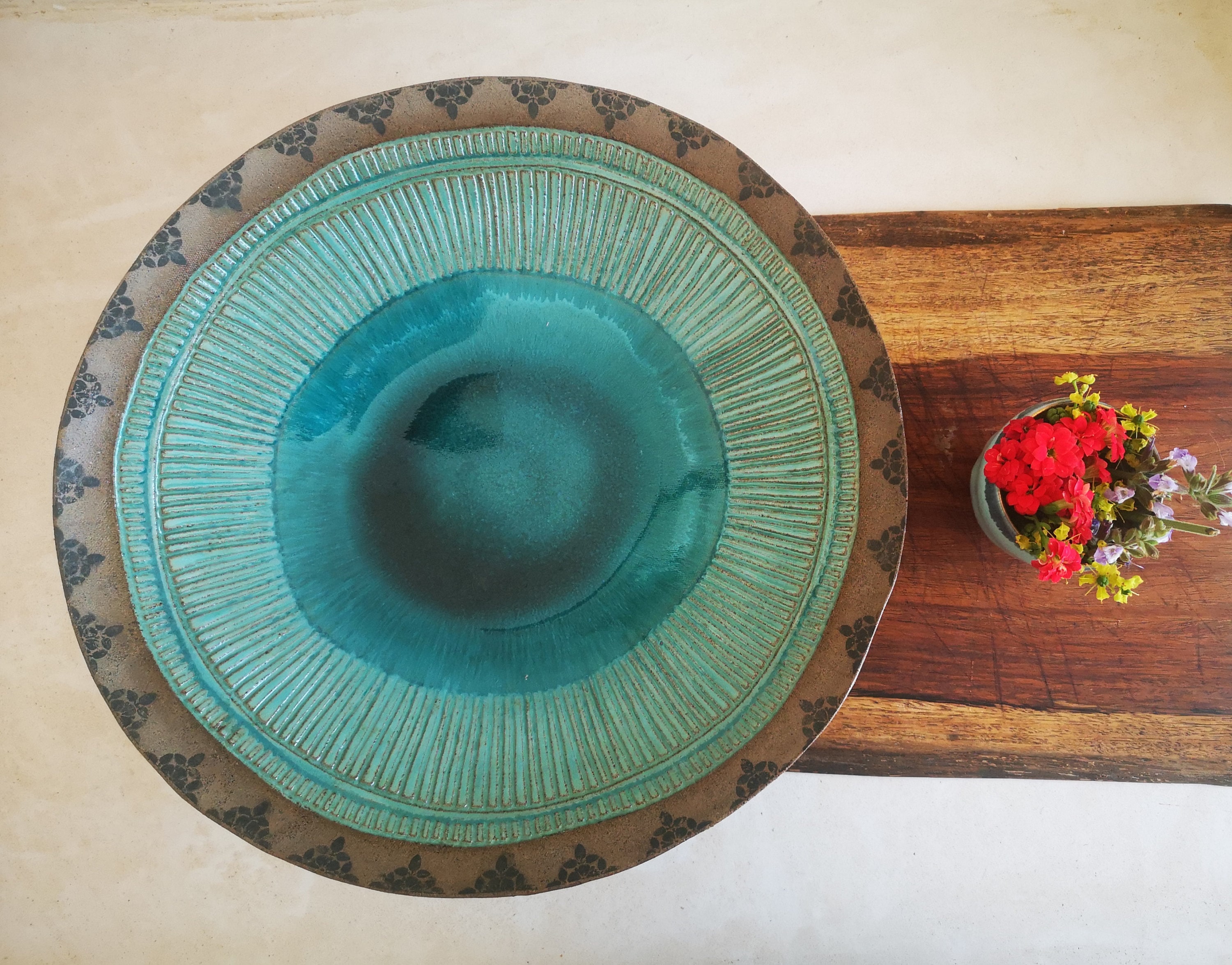 Large Turquoise Glaze Ceramic Bowl: Handmade Print Decor, Serving Dish ...