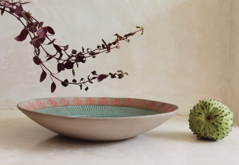 Large Wide Ceramic Bowl Large Flat Bowl Red Hand-painted | Etsy