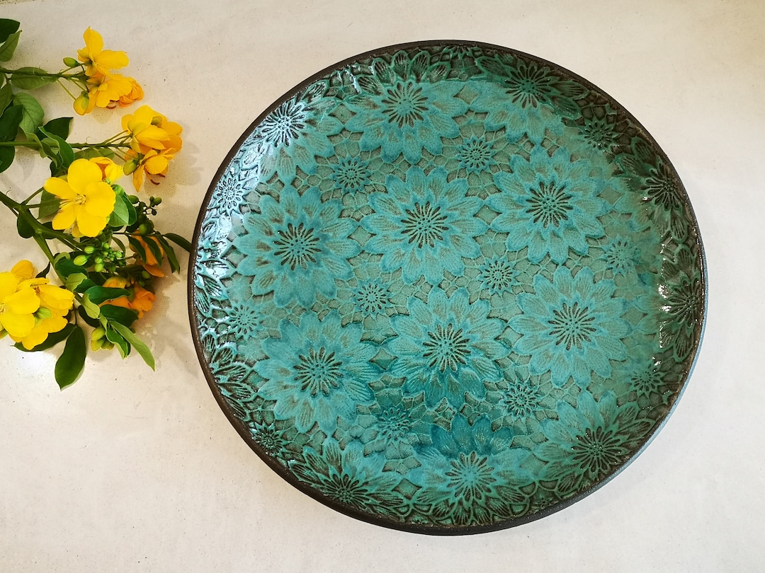 Turquoise Ceramic Dinner Plates (set of 2) - Floral Decoration - Etsy