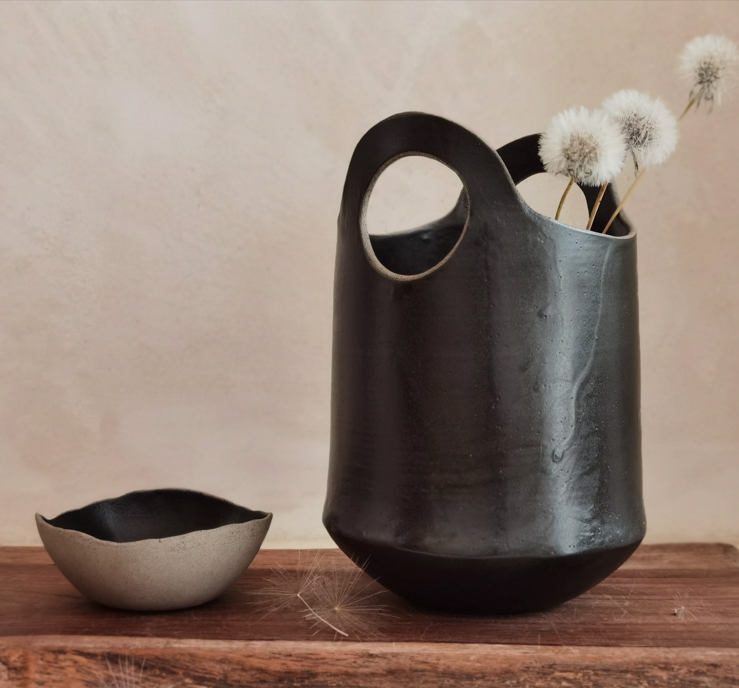 Large Black Ceramic Vase Tall Pottery Vase With Handles - Etsy