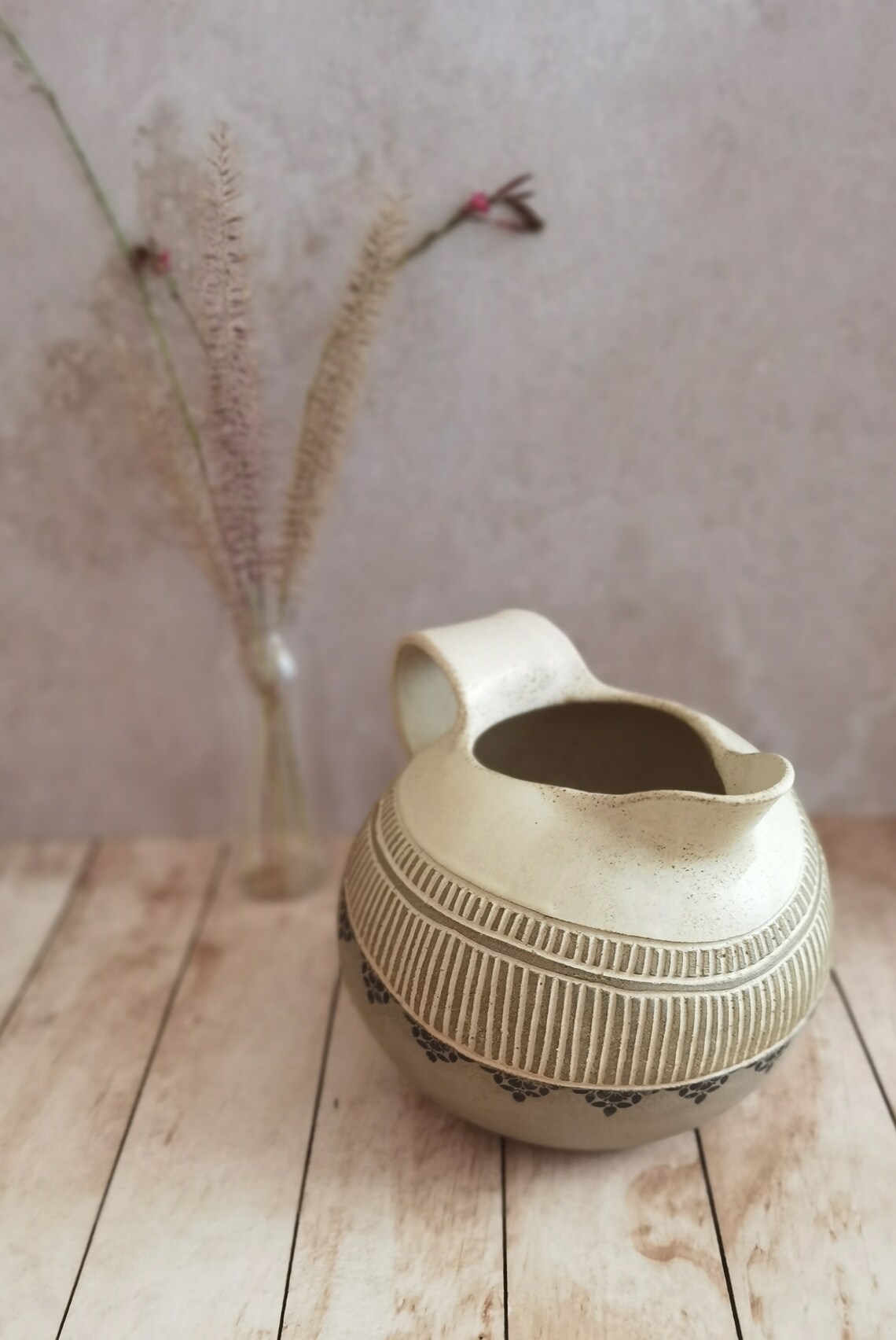 Hand Engraved Ceramic Pitcher: Beige Pottery Drinkware - Etsy