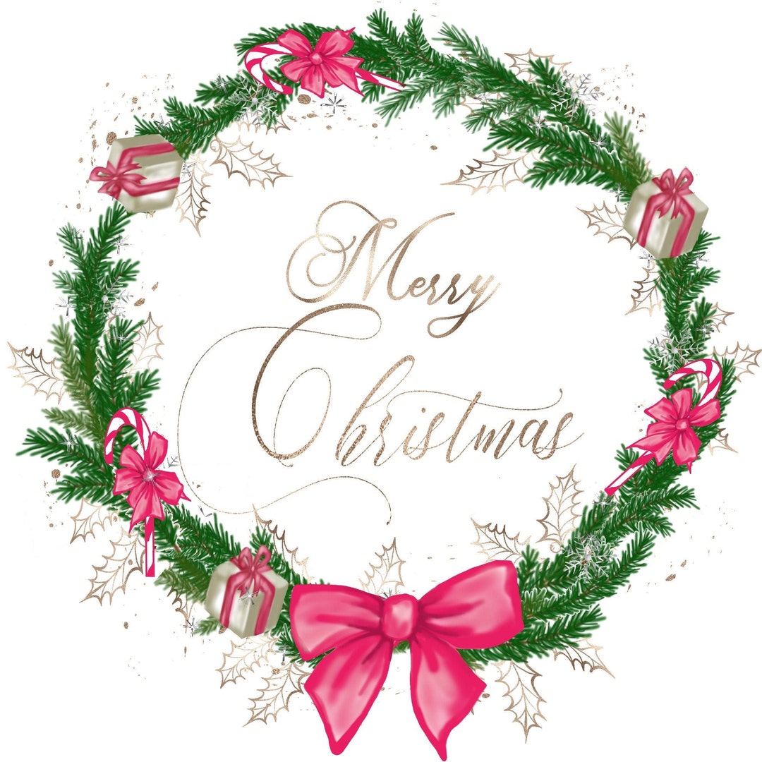 Pink Christmas Wreath Clipart Merry Christmas Frame Pink Watercolor Bow ...