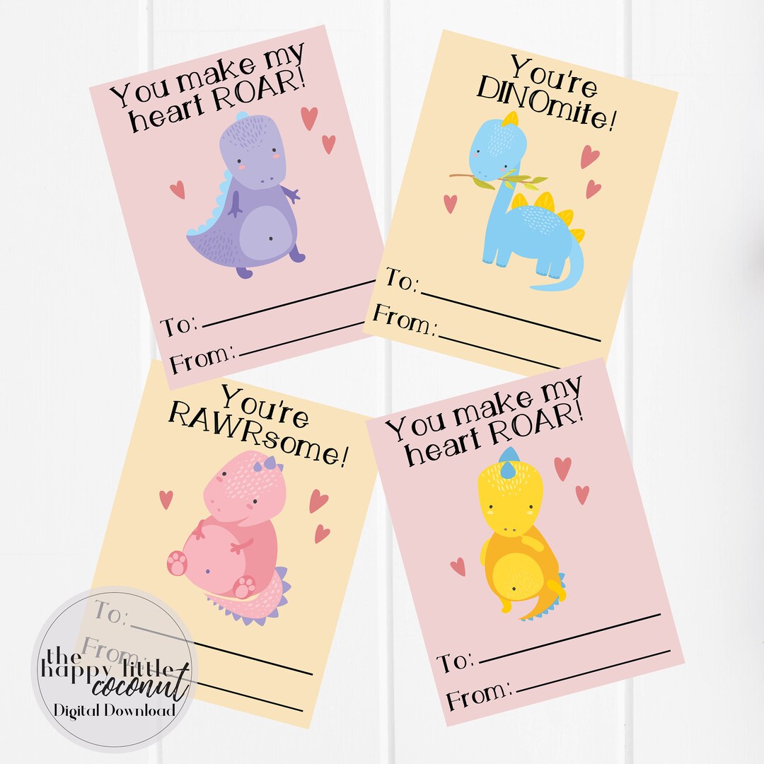 Dinosaur Valentine's Day Cards for Kids Dino Valentine Card Children ...