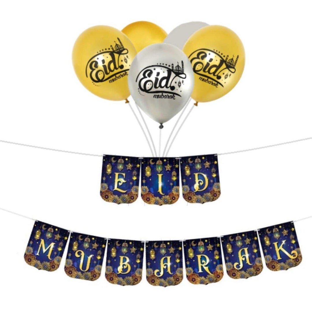 Eid Mubarak Blue Banner With 5 Balloons 3 Printed and 2 Plain - Etsy