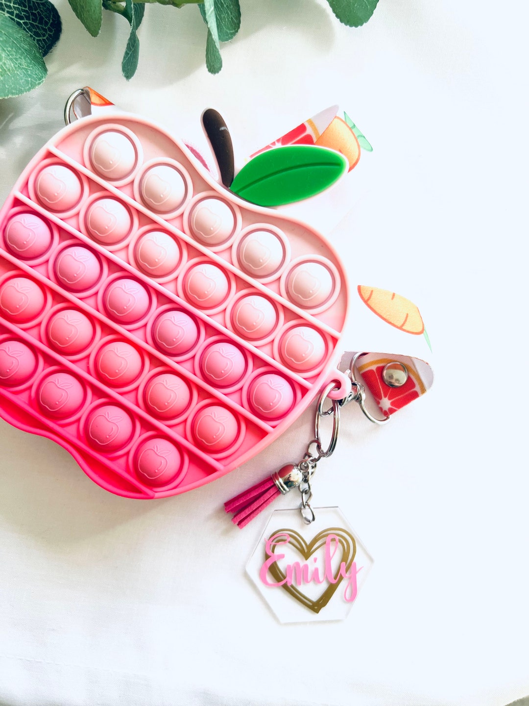 Personalised Keying / Pop It Bag / Apple / Hearts / Gift / Keyring ...