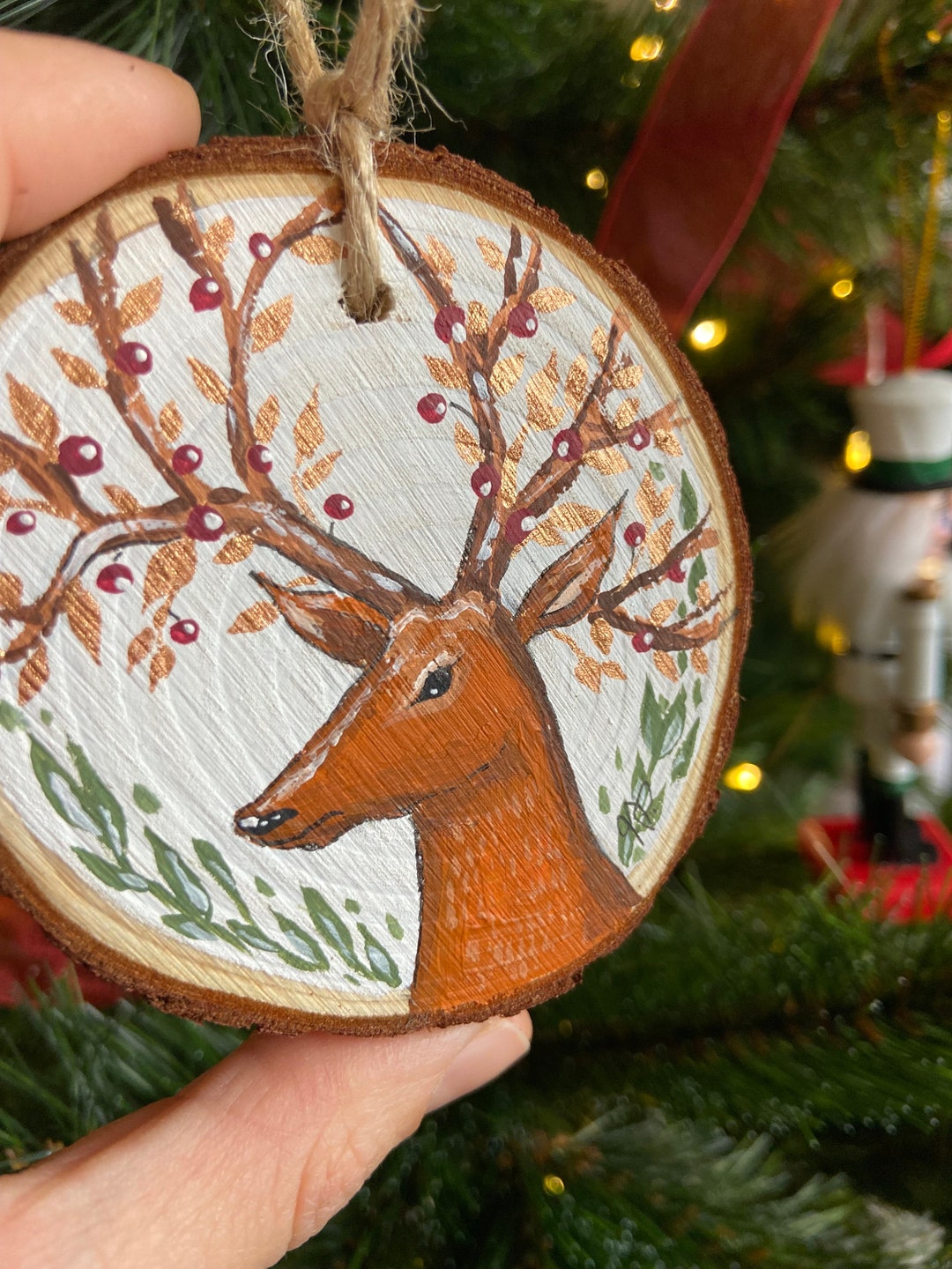 Hand Painted Wooden Tree Decoration christmas Deer With Golden Antlers ...