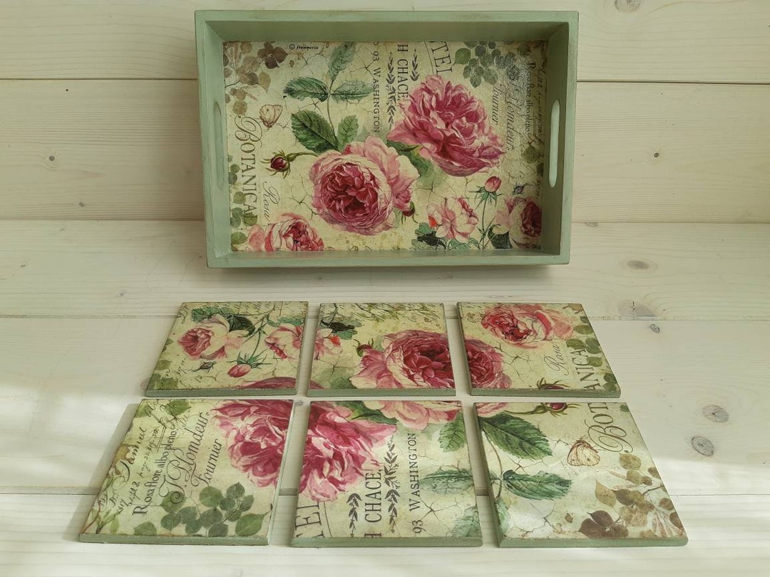 Wooden Serving Tray With Coasters Decorative Tray Pink Roses Green ...