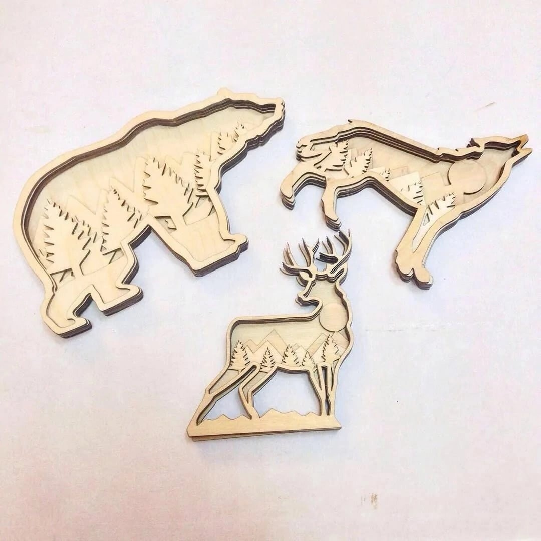Set of 3 Animal Digital File Layered Designs SVG Files Wolf Deer Bear ...