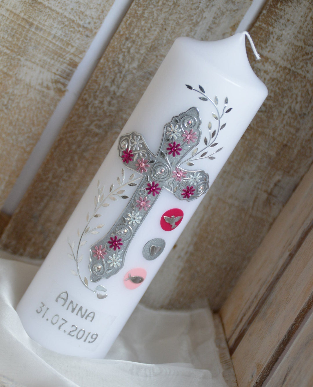 Baptism Alder Girl Cross Baptism Flowers Wreath Tendril Pink Pink ...