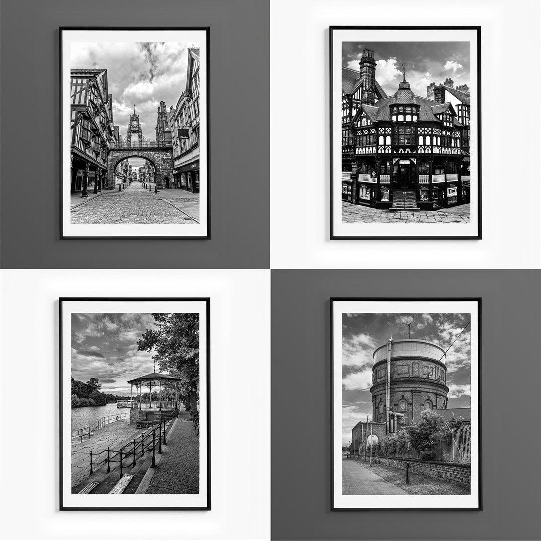 Chester Cityscape Photography Set: Eastgate Clock, River Dee (black ...
