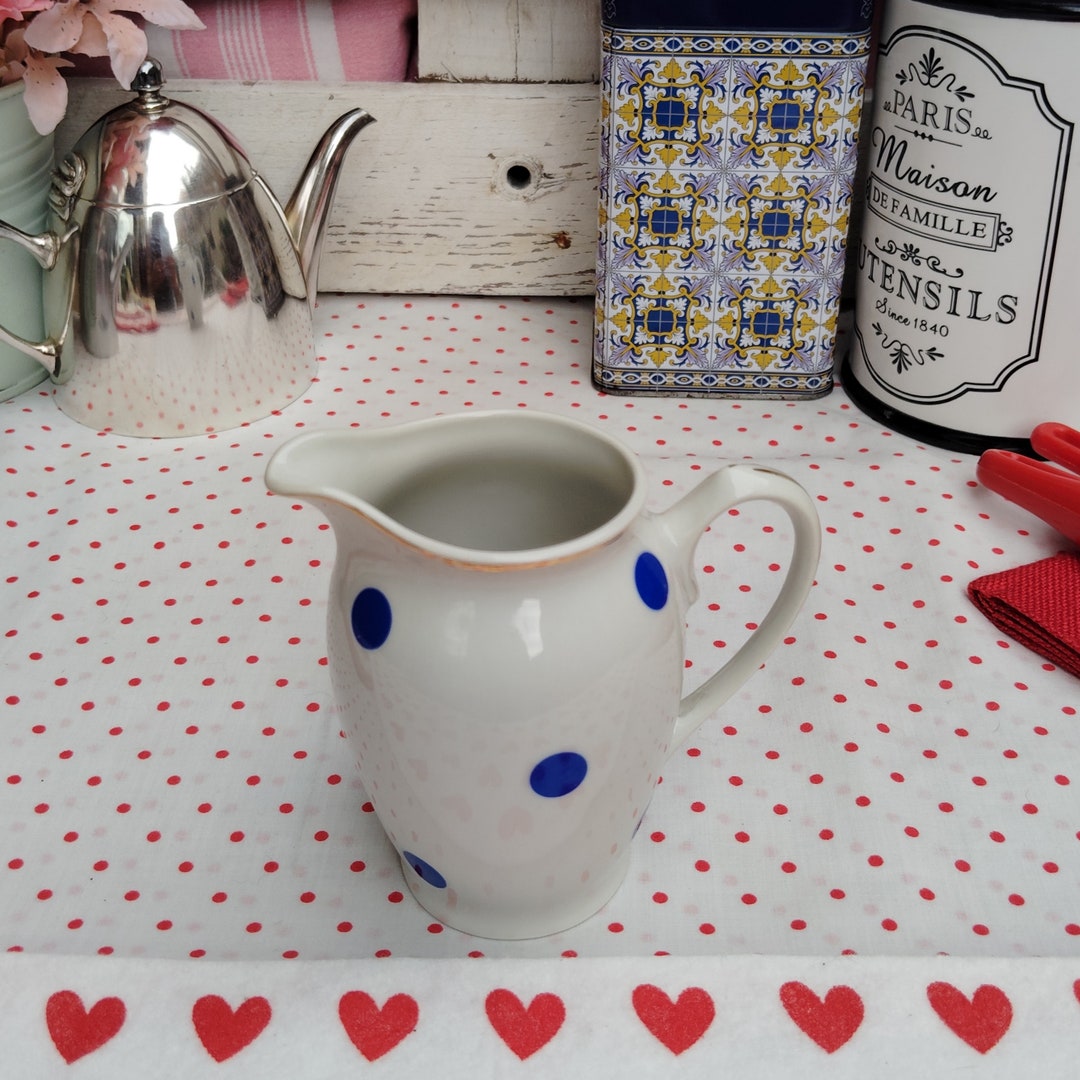 Antique Creamer Milk Jug Cobalt Blue Polka Dots Circa 1940 White ...