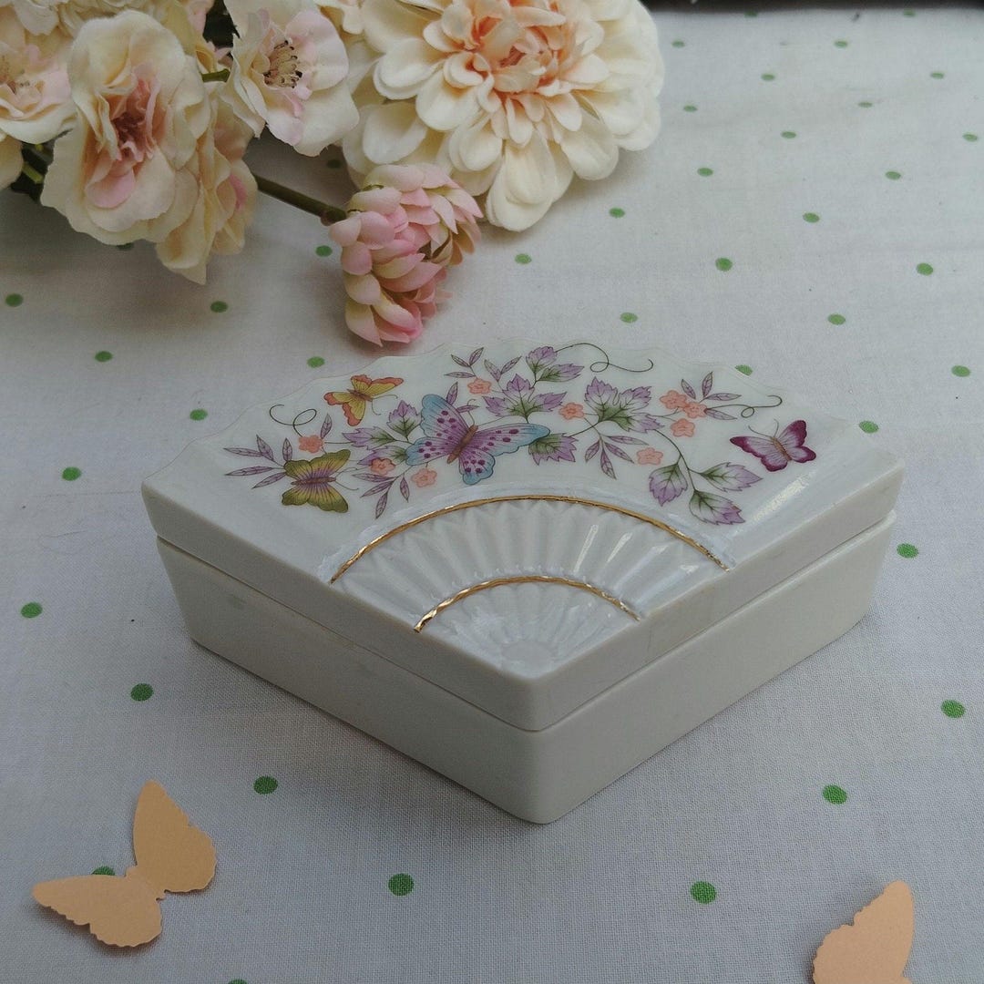 Vintage Avon Porcelain Fan Box: Hand-painted Floral Butterfly Design - Etsy