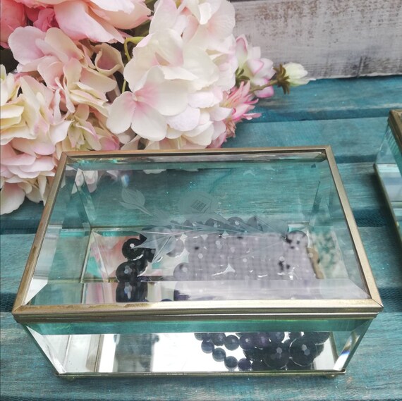 Glass Jewelry Box, Vintage Mirror Storage box in Gold… - Gem