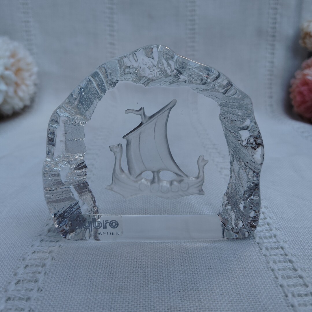 Vintage Glass Paperweight Viking Vessel by Nybro Sweden Original Label ...