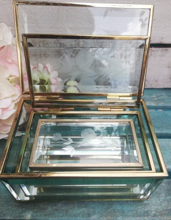 Glass Jewelry Box, Vintage Mirror Storage box in Gold… - Gem