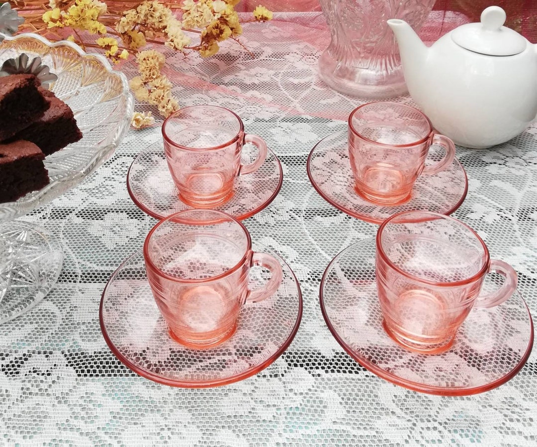 Pink Glass Coffee Set ~ Duralex Vintage Mugs GIGOGNE ~ 4 Services: Cups ...