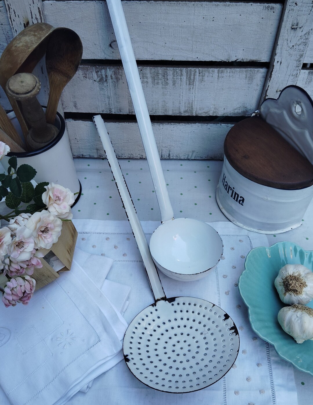 White Enamel Ladles Vintage Soup Spoon & Ancient Sweedish Large Skimmer ...