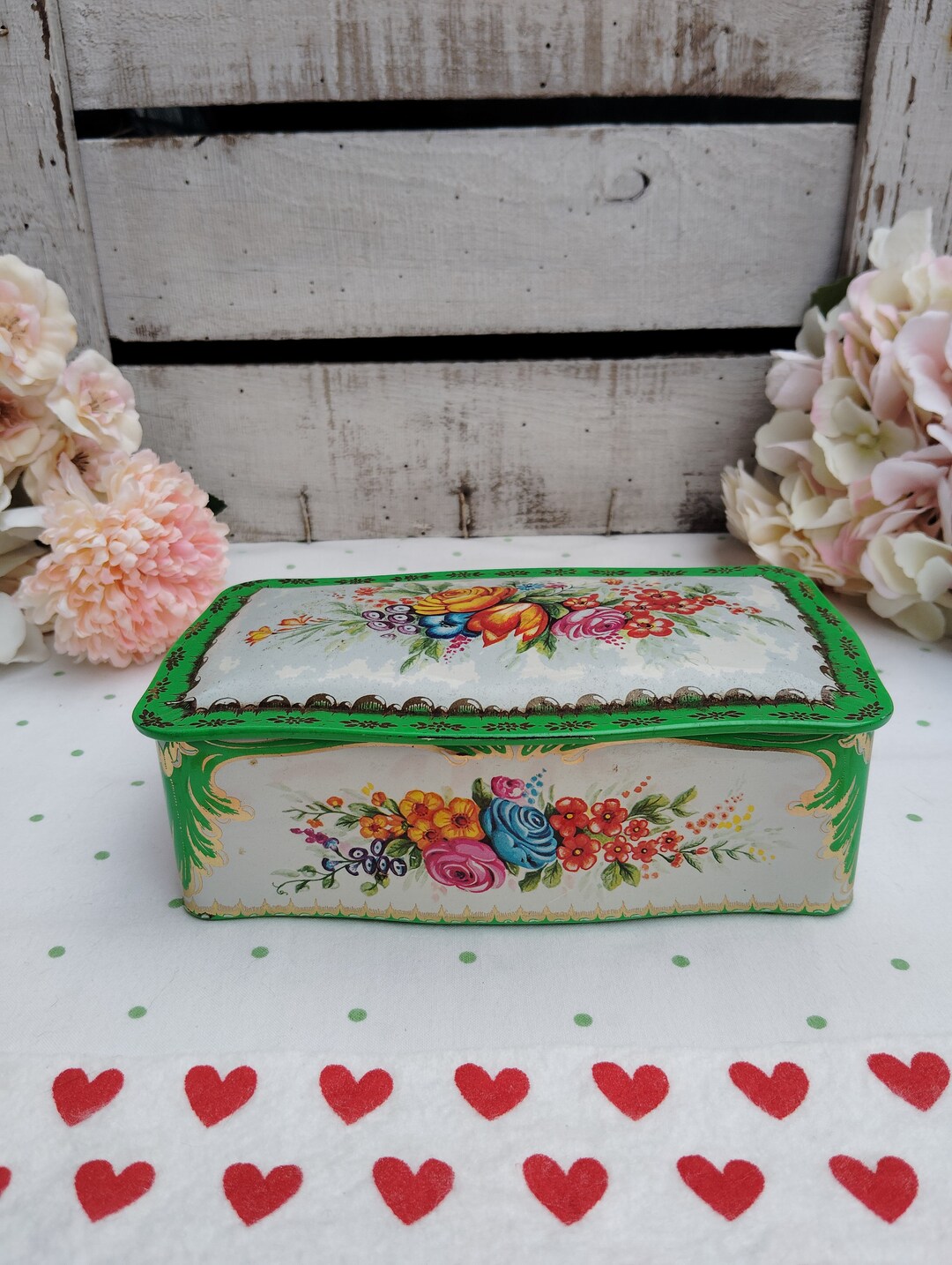 Vintage Italian Tin Box: Green Floral Design, Gold Accents - Etsy