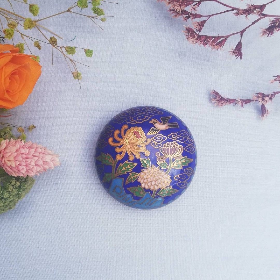 Vintage Cloisonne Box in Blue Cobalt Enameled Brass With Flowers and ...
