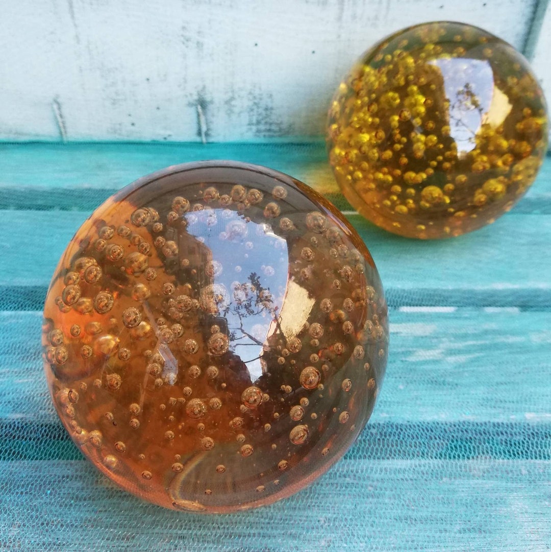 Vintage Art Glass Paperweight, Amber & Gold Bubble Ball - Etsy
