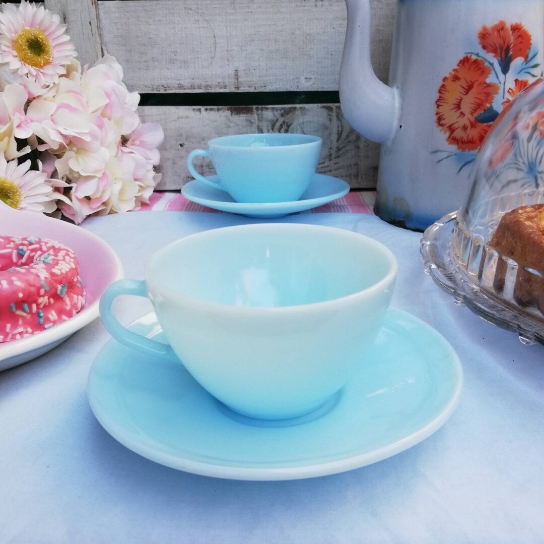 Vintage Duralex Opaline Tea Cup Set of Two: Light Blue Milk Glass ...