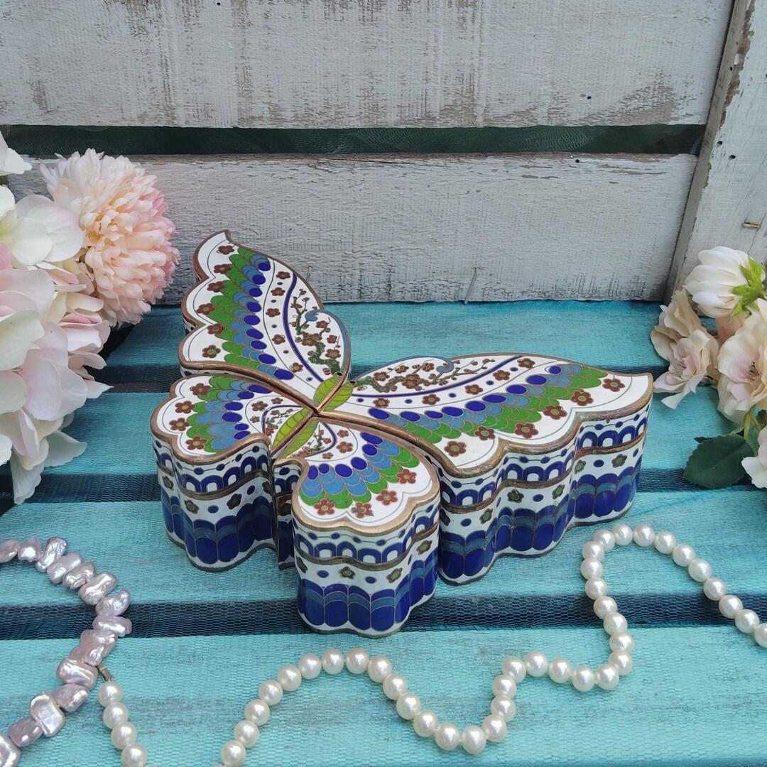 Singular Vintage Cloisonné Large Butterfly Box 4-piece ~ Collectible ...