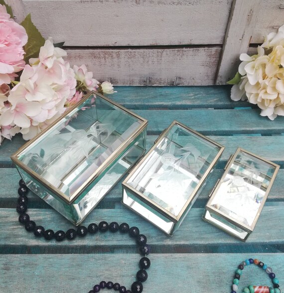 Glass Jewelry Box, Vintage Mirror Storage box in Gold… - Gem