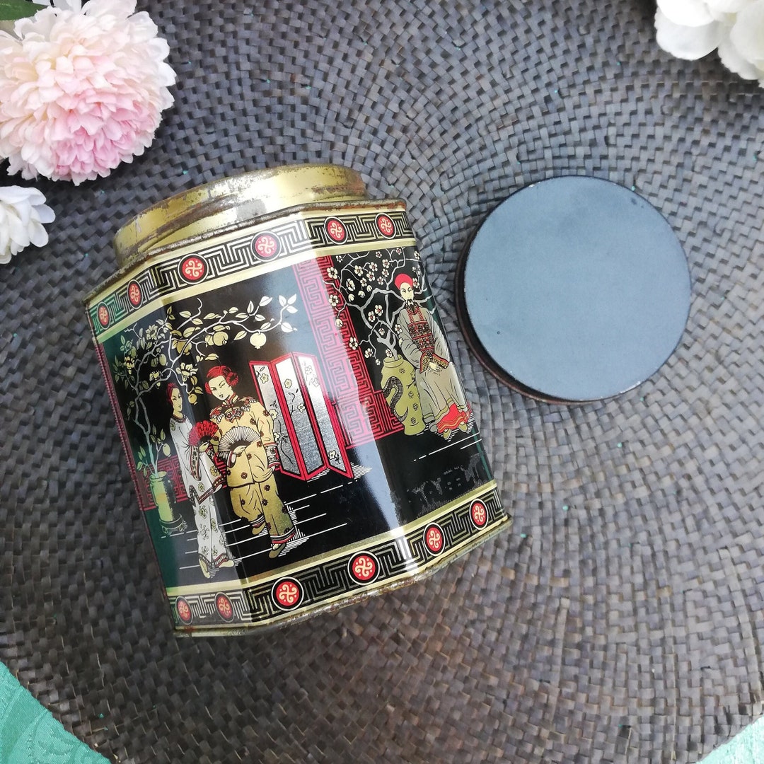Old Tin Tea Container Octagonal Shaped Oriental Scenes Motif - Etsy