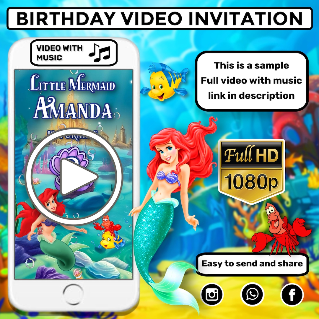 Little Mermaid Invitation, Mermaid Birthday Party, Mermaid Video ...