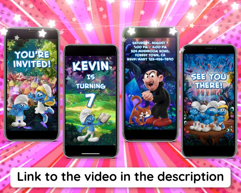 Smurfs Video Invitation, Smurf Birthday Party Invitation, Papa Smurf ...