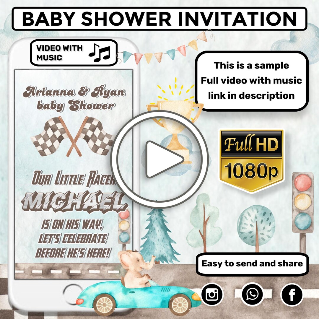 Racer Baby Shower Video Invitation, Racing Cars Party Invitation ...