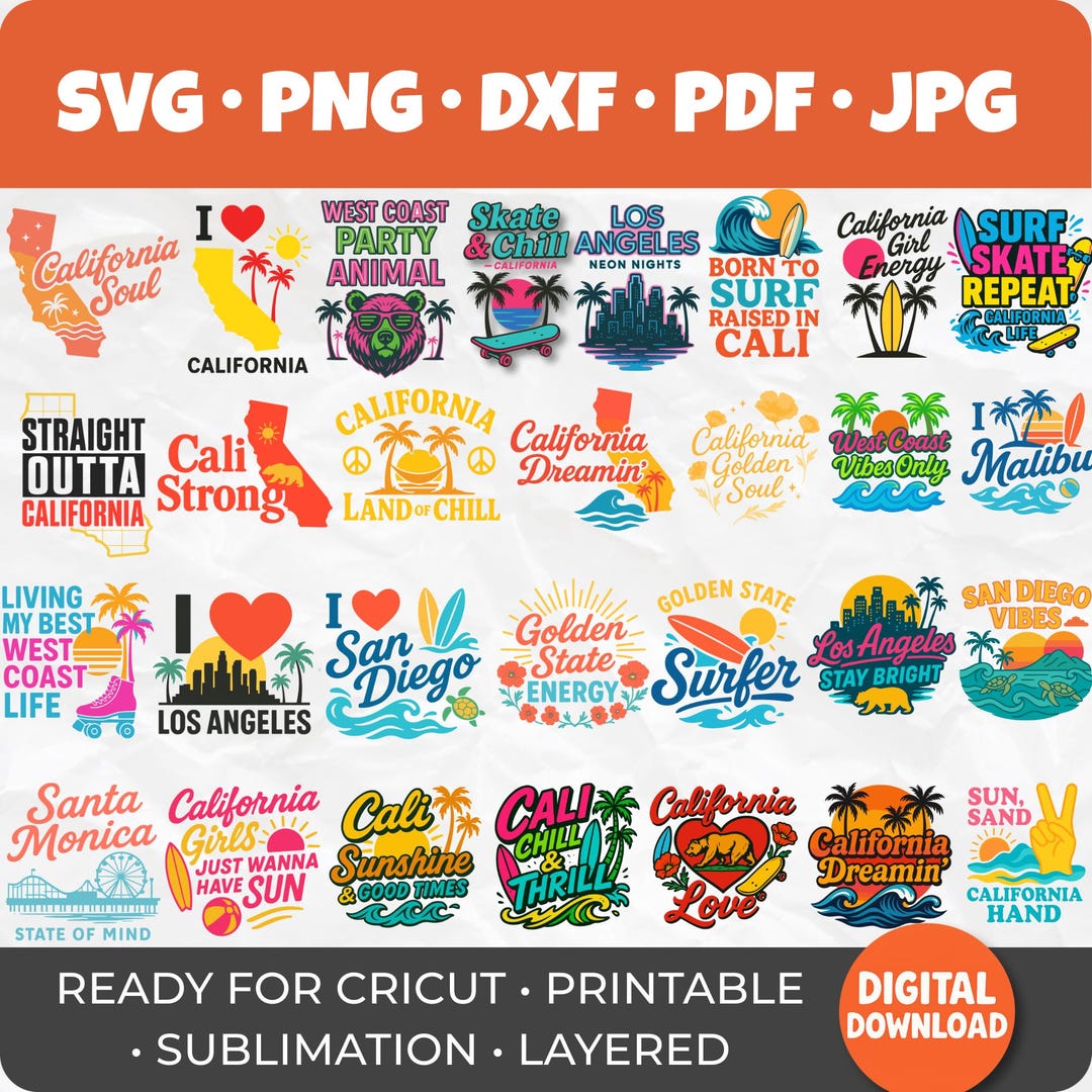 California SVG Bundle | 30 West Coast Quotes and Beach,sunset,palm Tree ...