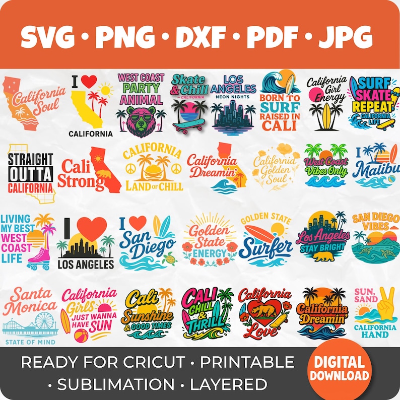 California SVG Bundle | 30 West Coast Quotes and Beach,sunset,palm Tree ...
