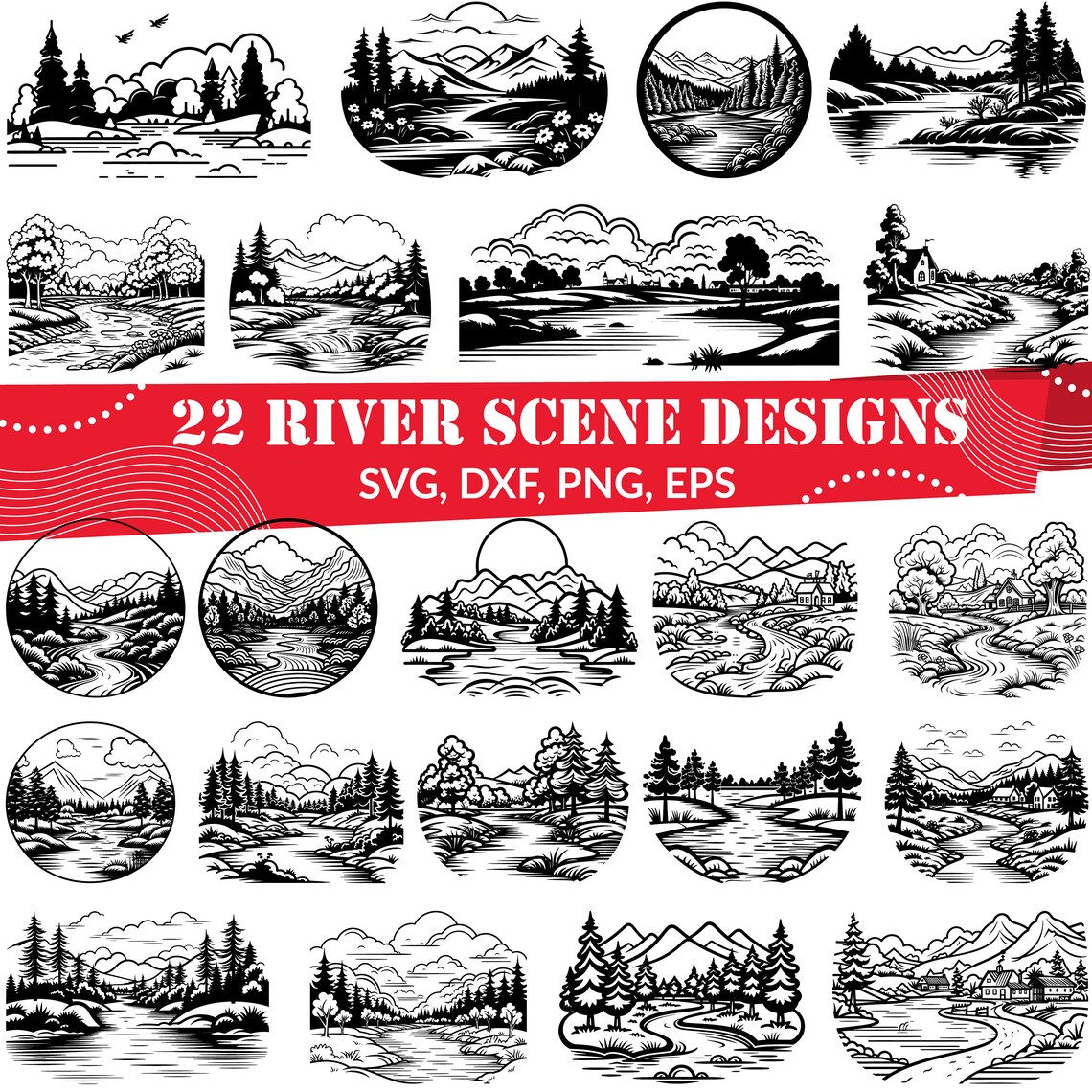 River Scene SVG Bundle, River Scene Dxf, River Landscape, River Scene ...