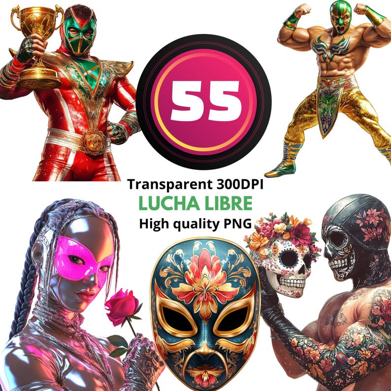 55 Lucha Libre PNG Bundle | Mexican Wrestler Mask Clipart | Dia De Los ...